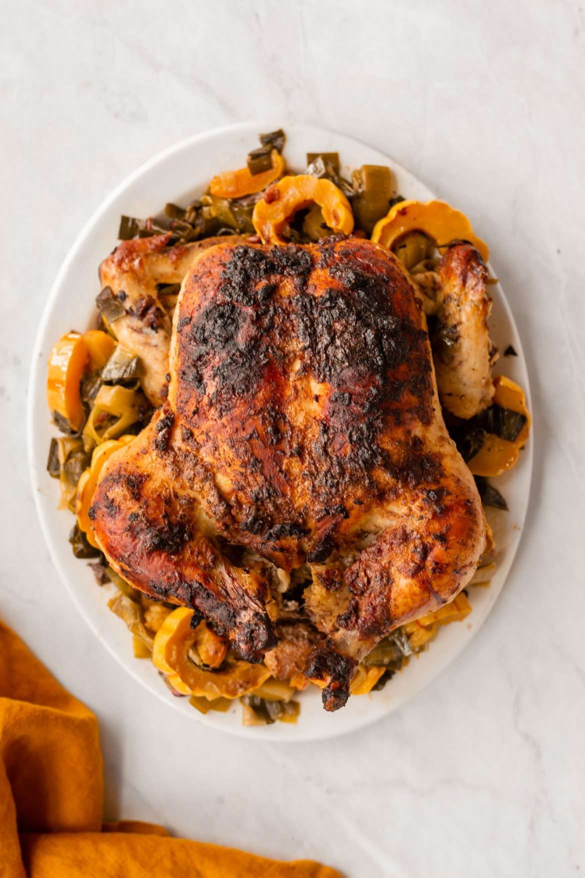Dutch Oven Whole Miso Chicken with Leeks and Winter Squash