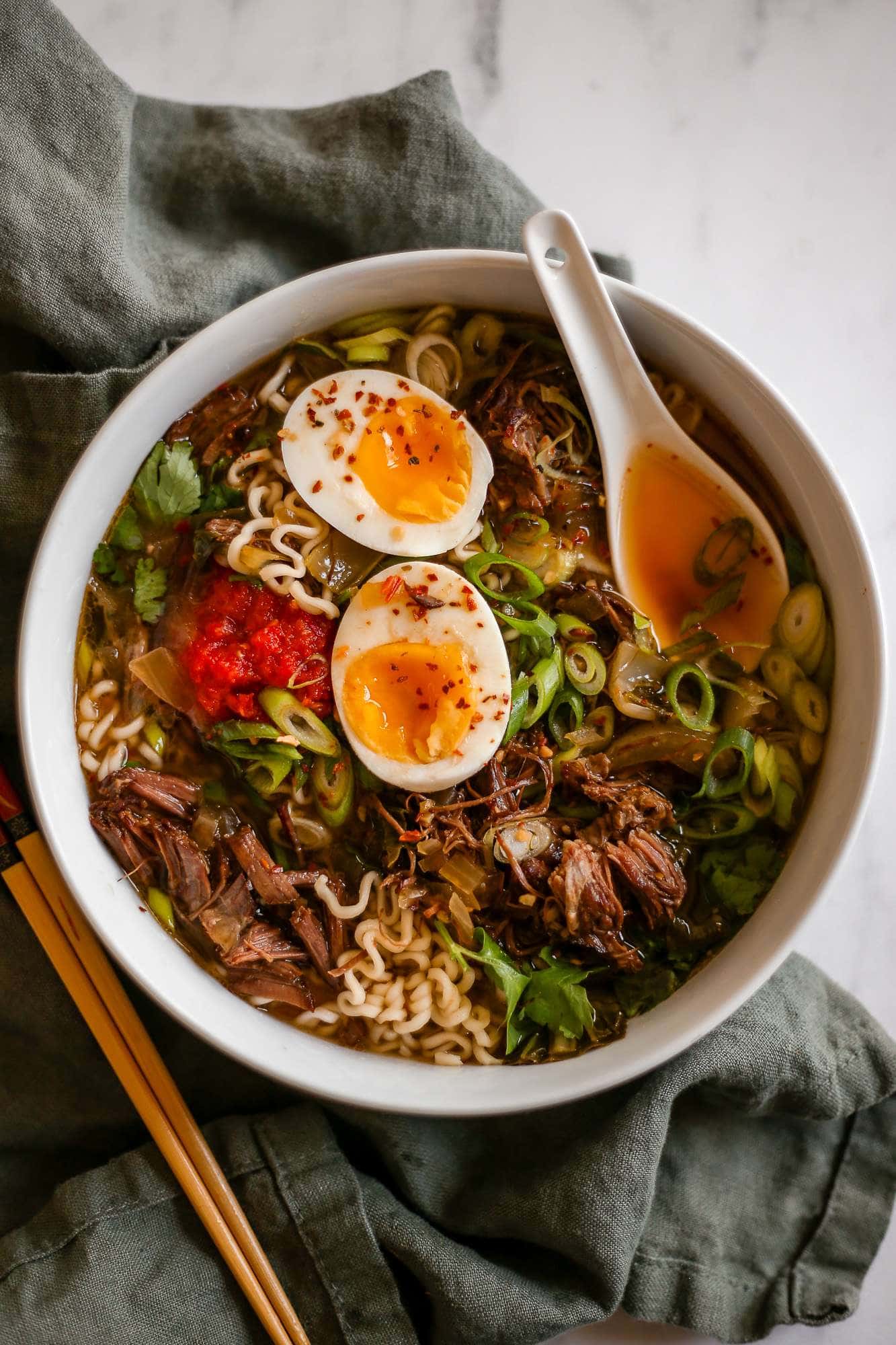 Slow Cooker Spicy Beef Ramen Made with Chuck Roast