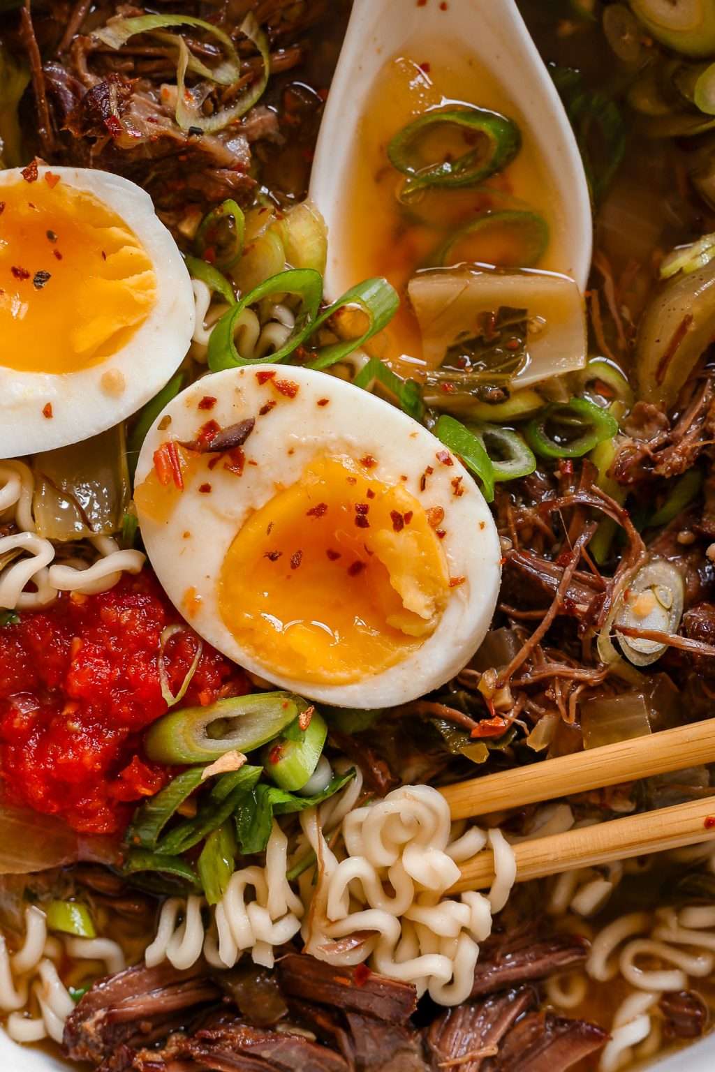 Slow Cooker Spicy Beef Ramen Made with Chuck Roast